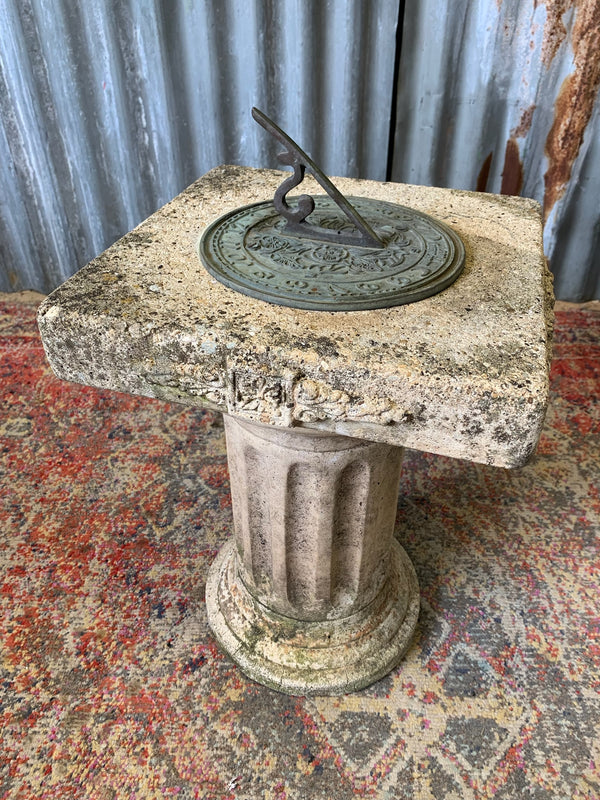 A large cast stone sundial on a column stand - Belle and Beast Emporium