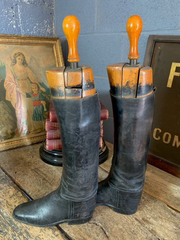 A pair of black leather riding boots with wooden lasts ~ Treen tops ...
