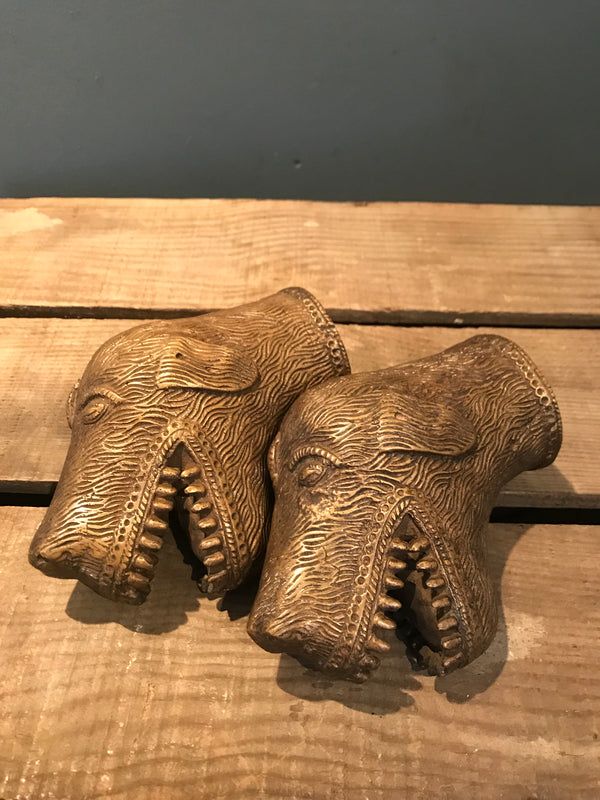 A pair of dog head bronze palanquin finials - Belle and Beast Emporium
