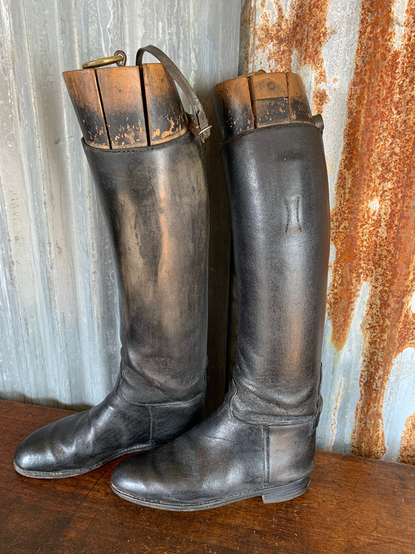 A pair of black leather riding boots with wooden lasts - Belle and ...