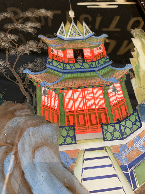 A large reverse painted glass pagoda picture - Belle and Beast Emporium